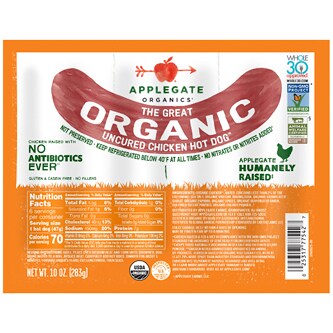 Order Applegate The Great Organic Uncured Chicken Hot Dogs | Fast Delivery